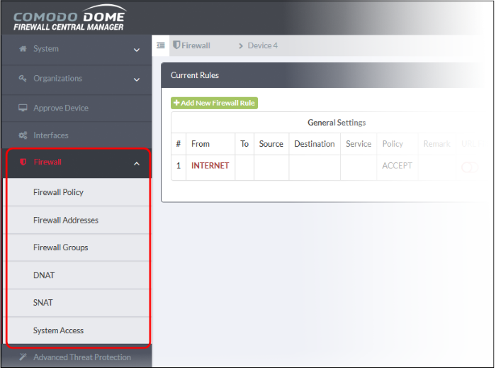 Firewall Management, Firewall Device, Comodo Dome Firewall Central Manager
